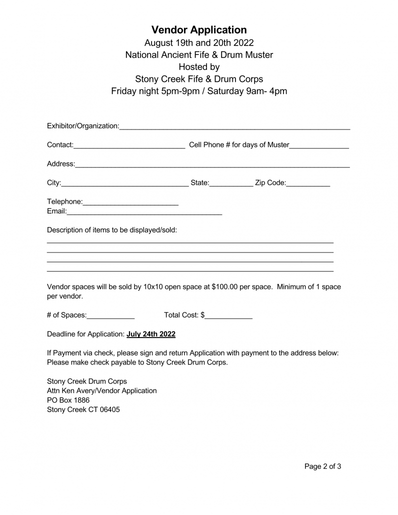 Muster Vendor Application – Stony Creek Fife & Drum Corps